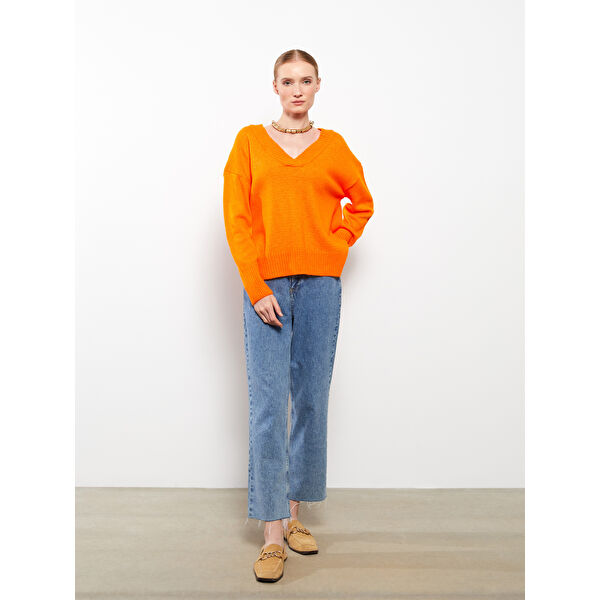 V Yaka Düz Kısa Kollu Kadın Triko Kazak