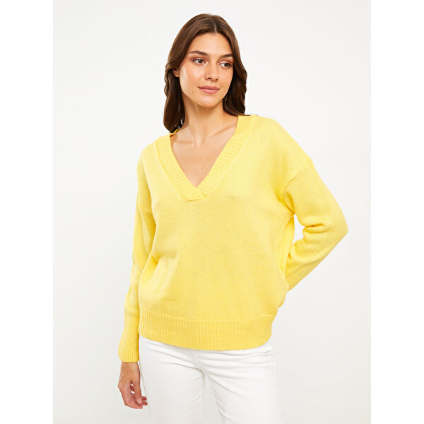 V Yaka Düz Kısa Kollu Kadın Triko Kazak