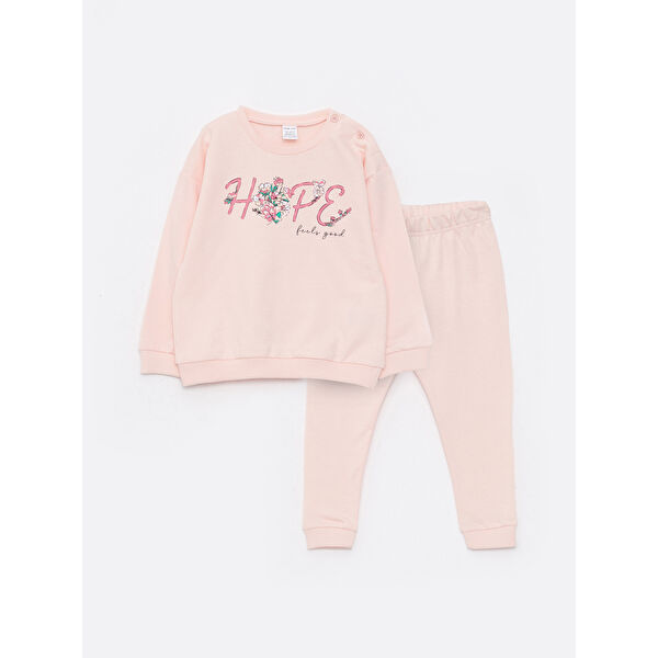 Bisiklet Yaka Uzun Kollu Baskılı Kız Bebek Sweatshirt ve Eşofman Alt 2'li Takım