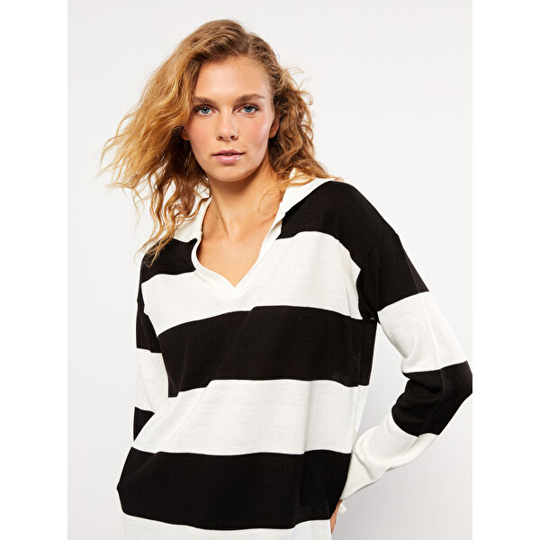 Polo Yaka Renk Bloklu Uzun Kollu Kadın Triko Tunik