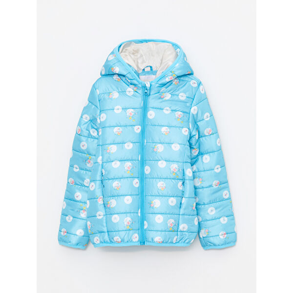 Kapüşonlu Baskılı Kız Çocuk Şişme Mont