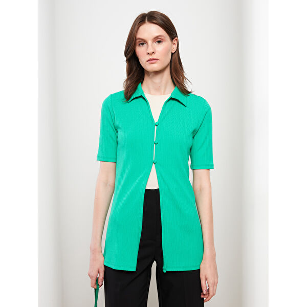 Polo Yaka Düz Kısa Kollu Kadın Hırka