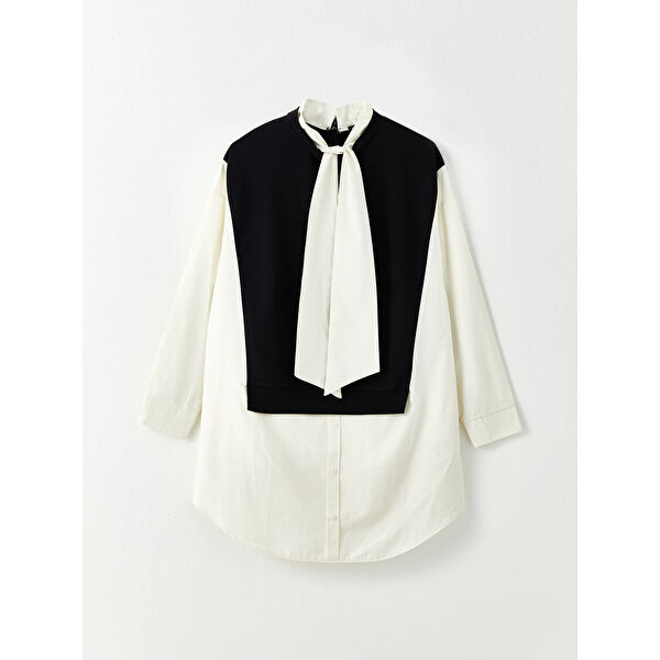 Bağlamalı Yaka Renk Bloklu Uzun Kollu Oversize Kadın Tunik Bağlamalı Yaka Renk Bloklu Uzun Kollu Oversize Kadın Tunik