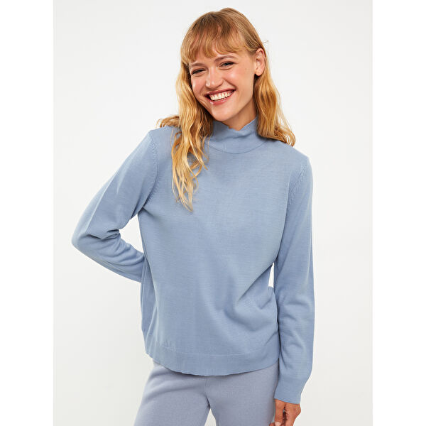 Yarım Balıkçı Yaka Düz Uzun Kollu Kadın Triko Kazak