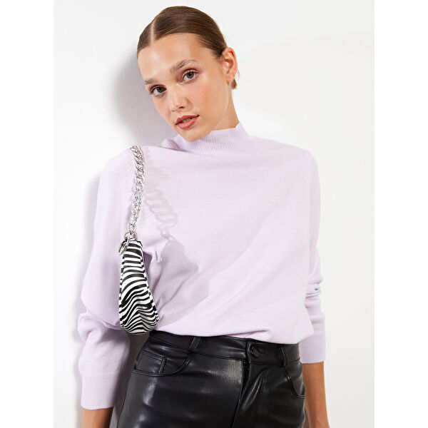 Yarım Balıkçı Yaka Düz Uzun Kollu Kadın Triko Kazak