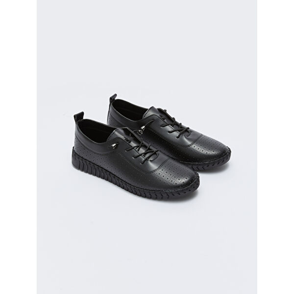 Esnek Lastikli Deri Görünümlü Kadın Klasik Ayakkabı