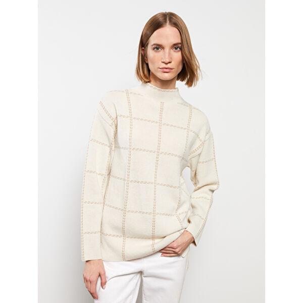 Yarım Balıkçı Yaka Desenli Uzun Kollu Kadın Triko Kazak