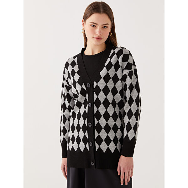 V Yaka Desenli Uzun Kollu Kadın Triko Hırka