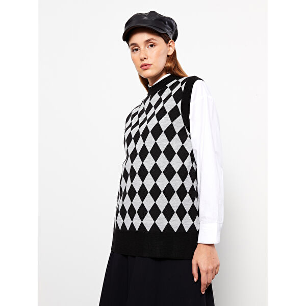 Bisiklet Yaka Desenli Kadın Triko Süveter Bisiklet Yaka Desenli Kadın Triko Süveter