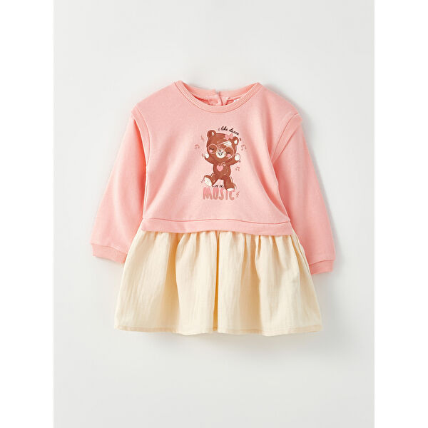 Bisiklet Yaka Uzun Kol Baskılı Pamuklu Kız Bebek Elbise