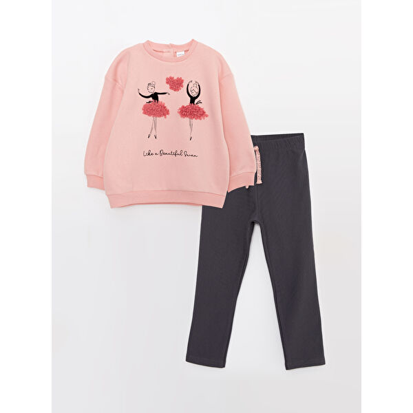 Bisiklet Yaka Uzun Kollu Baskılı Kız Bebek Sweatshirt ve Tayt 2'li Takım Bisiklet Yaka Uzun Kollu Baskılı Kız Bebek Sweatshirt ve Tayt 2'li Takım