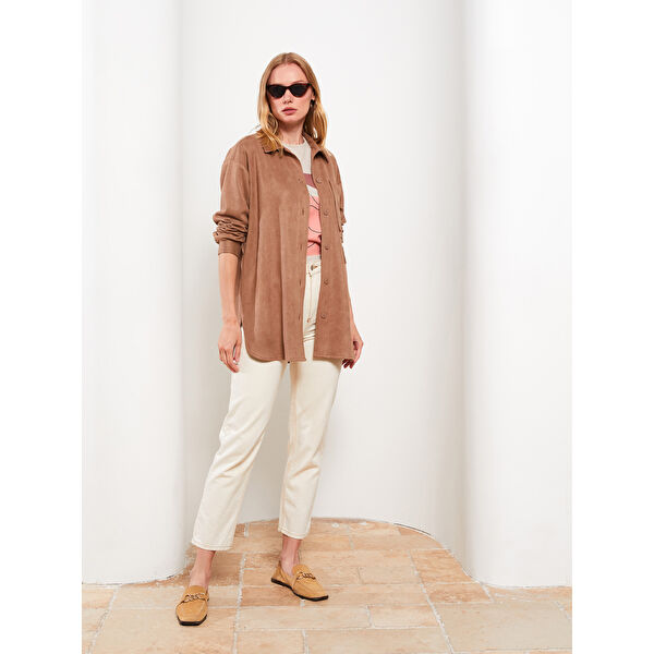 Gömlek Yaka Düz Uzun Kollu Süet Kadın Mont