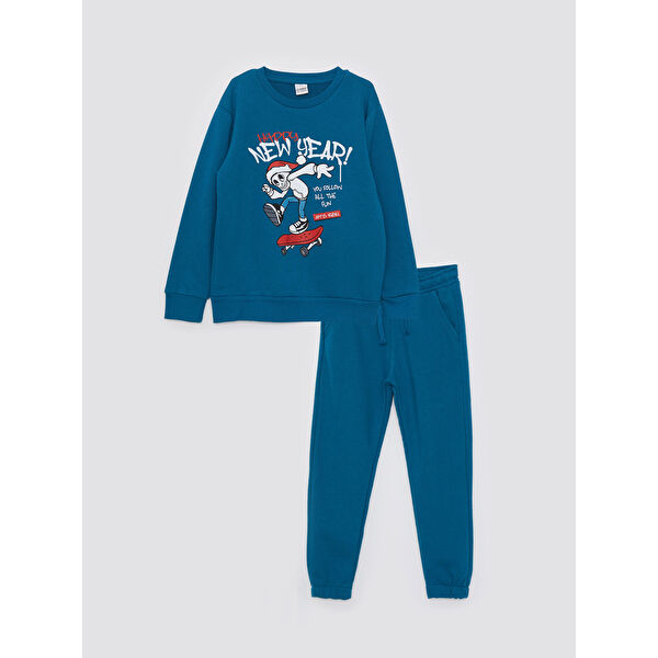 Bisiklet Yaka Yılbaşı Temalı Uzun Kollu Erkek Çocuk Sweatshirt ve Eşofman Altı