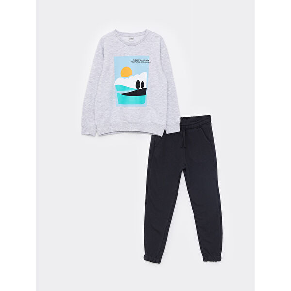 Bisiklet Yaka Baskılı Uzun Kollu Erkek Çocuk Sweatshirt ve Eşofman Altı Bisiklet Yaka Baskılı Uzun Kollu Erkek Çocuk Sweatshirt ve Eşofman Altı