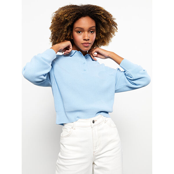 Polo Yaka Düz Uzun Kollu Kadın Triko Kazak