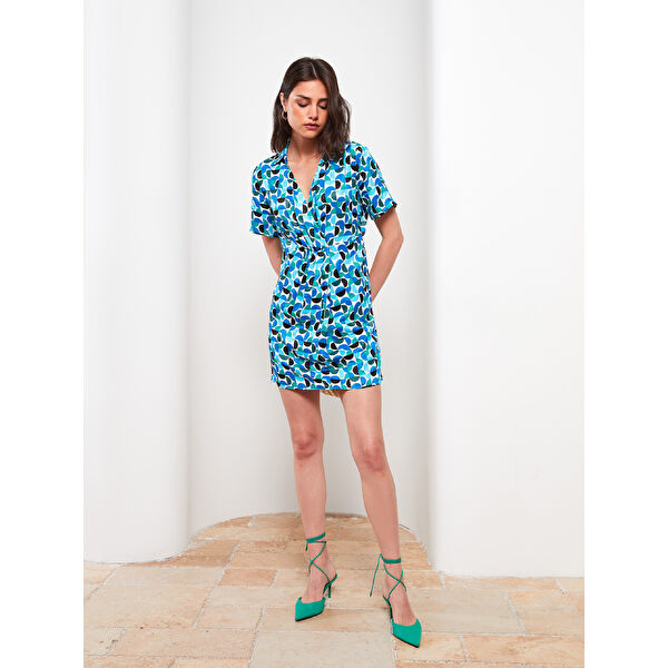 Gömlek Yaka Desenli Kısa Kollu Saten Kadın Elbise