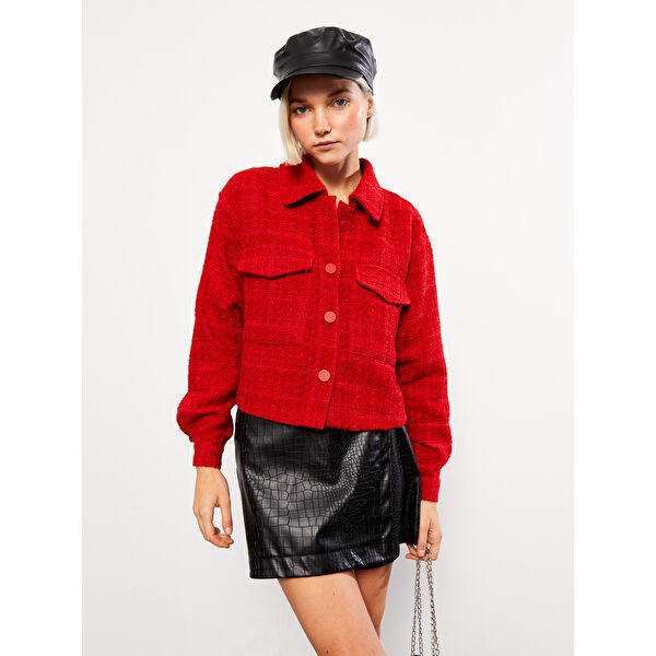 Gömlek Yaka Kendinden Desenli Uzun Kollu Kadın Ceket