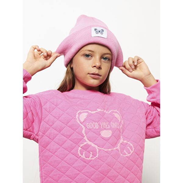 Kelebekli Etiket Baskılı Kız Çocuk Bere