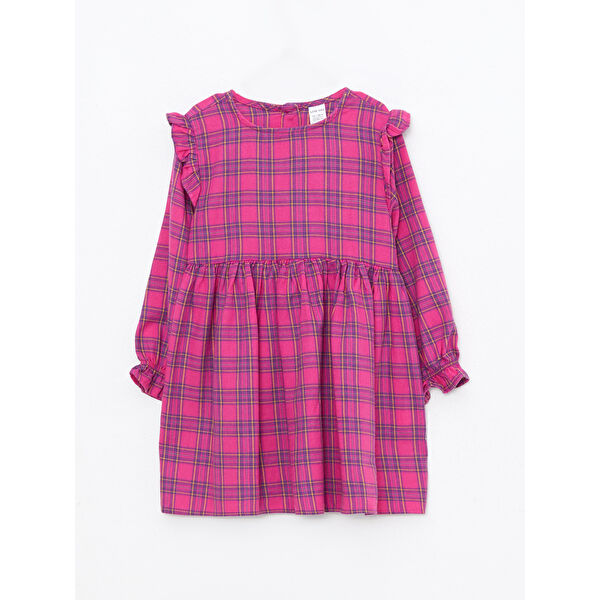 Bisiklet Yaka Uzun Kollu Ekose Desenli Kız Bebek Elbise