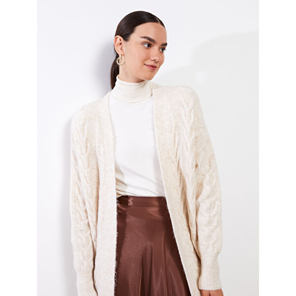 Şal Yaka Kendinden Desenli Uzun Kollu Oversize Kadın Triko Hırka