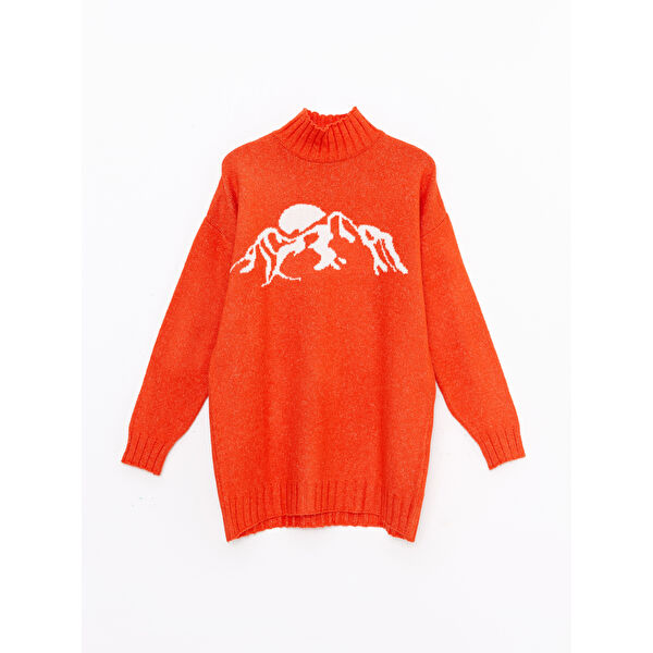 Yarım Balıkçı Yaka Desenli Uzun Kollu Kadın Triko Tunik