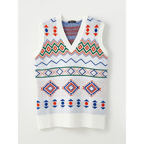 V Yaka Desenli Kadın Triko Süveter