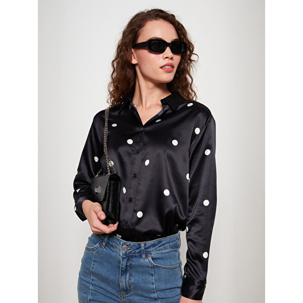 Gömlek Yaka Puantiyeli Uzun Kollu Saten Kadın Tunik