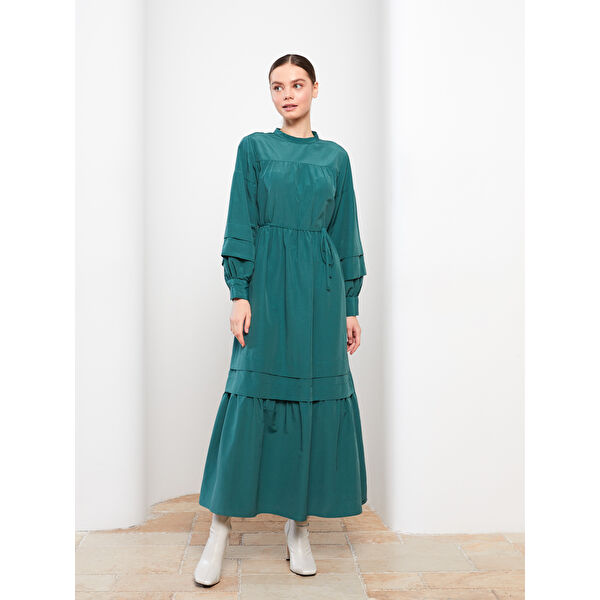 Dik Yaka Düz Uzun Kollu Poplin Kadın Elbise