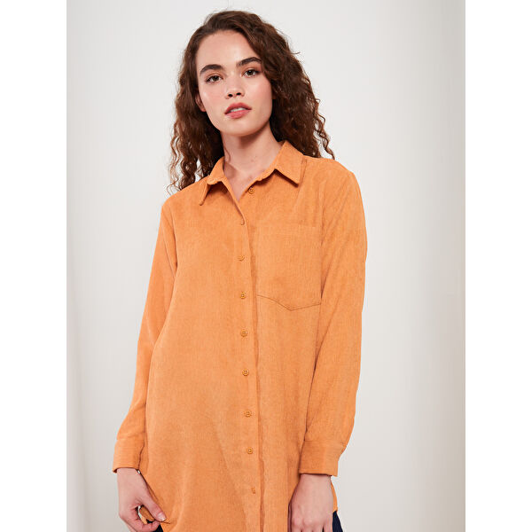 Gömlek Yaka Düz Uzun Kollu Kadife Kadın Tunik