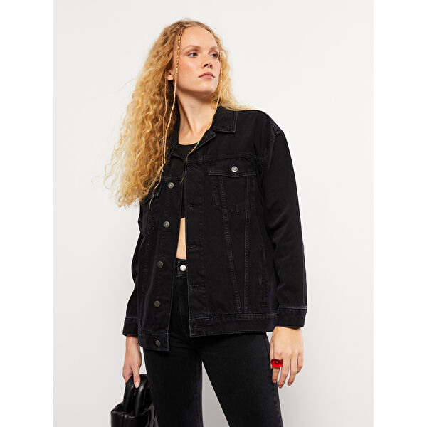 Gömlek Yaka Düz Uzun Kollu Kadın Jean Ceket