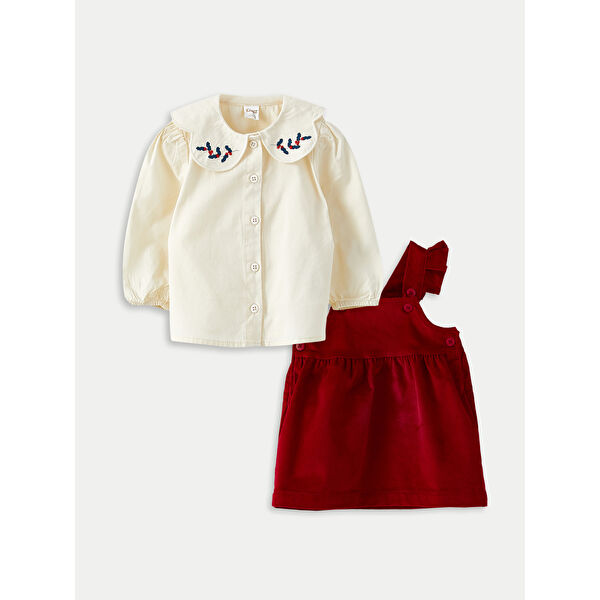 Bebe Yaka Uzun Kollu Nakış Detaylı Kız Bebek Gömlek ve Salopet Elbise 2'li Takım