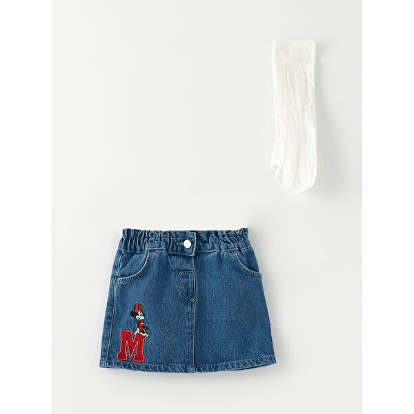 Beli Lastikli Minnie Mouse Nakışlı Kız Bebek Jean Etek ve Külotlu Çorap 2'li Beli Lastikli Minnie Mouse Nakışlı Kız Bebek Jean Etek ve Külotlu Çorap 2'li