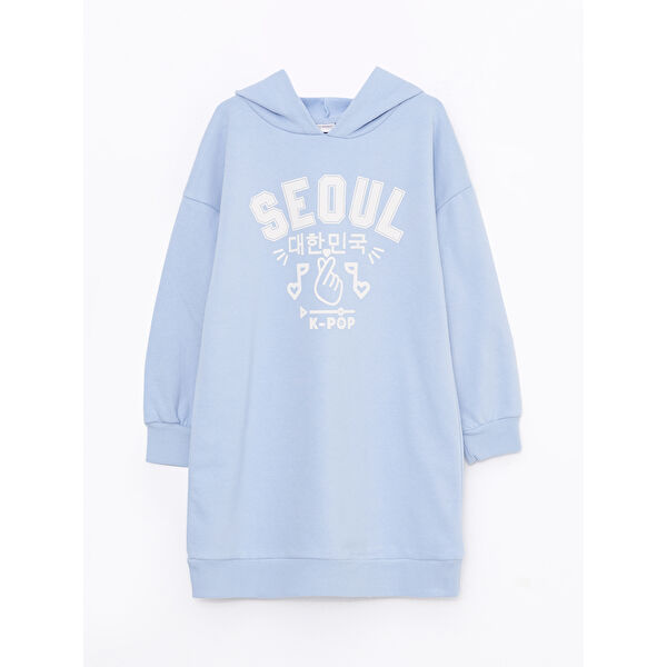 Kapüşonlu Baskılı Uzun Kollu Kız Çocuk Elbise