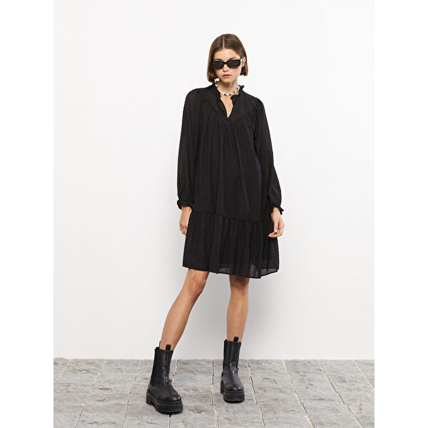 Dik Yaka Kendinden Desenli Uzun Kollu Saten Kadın Elbise