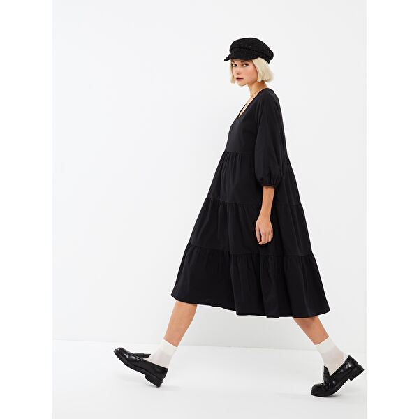 V Yaka Düz Poplin Kadın Elbise