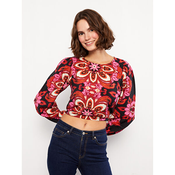 Bisiklet Yaka Desenli Uzun Kollu Crop Kadın Bluz Bisiklet Yaka Desenli Uzun Kollu Crop Kadın Bluz
