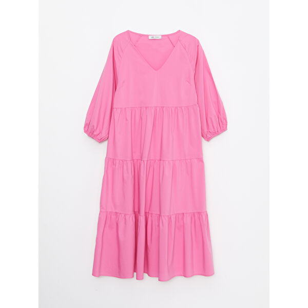 V Yaka Düz Poplin Kadın Elbise