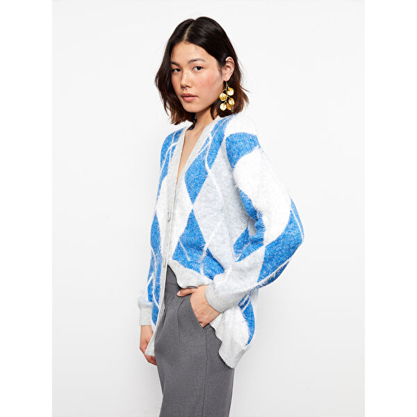 V Yaka Desenli Uzun Kollu Kadın Triko Hırka