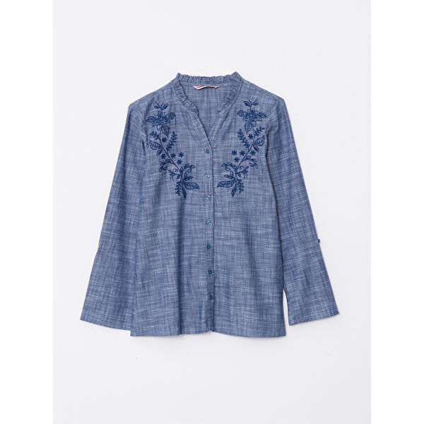 Fırfırlı Kaçık Yaka Nakışlı Uzun Kollu Kadın Bluz