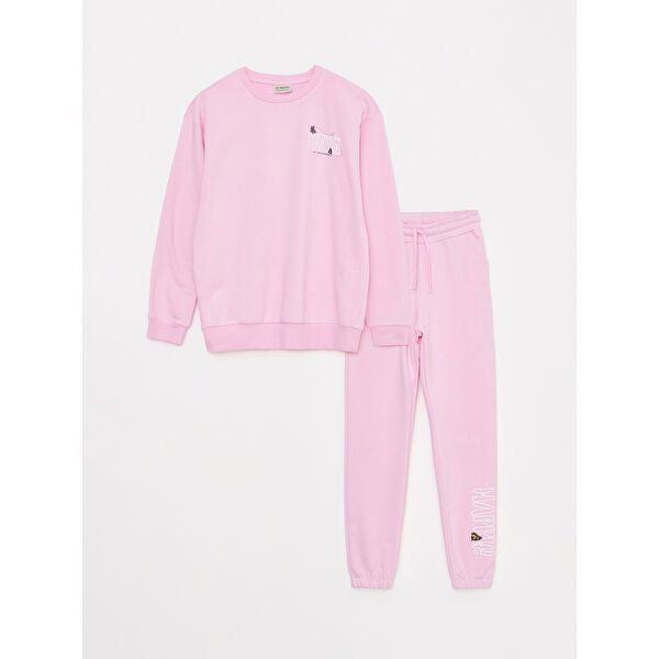 Bisiklet Yaka Baskılı Uzun Kollu Kız Çocuk Sweatshirt ve Eşofman Altı