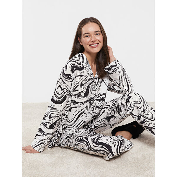 Gömlek Yaka Desenli Uzun Kollu Kadın Pijama Takımı
