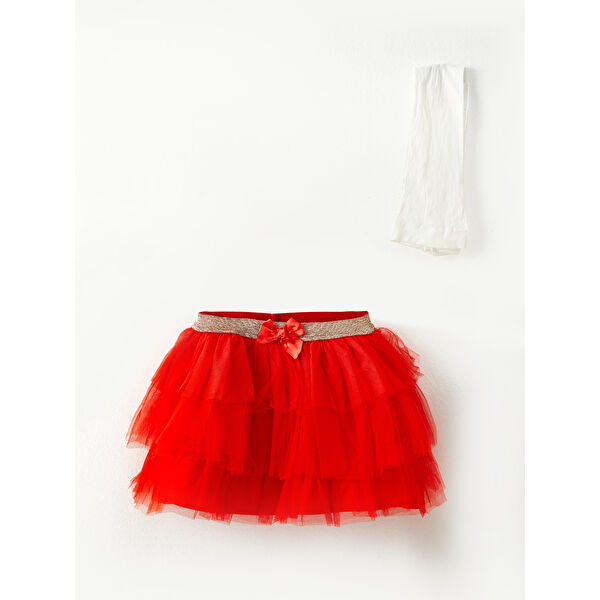 Beli Lastikli Kız Bebek Tül Etek ve Külotlu Çorap 2'li