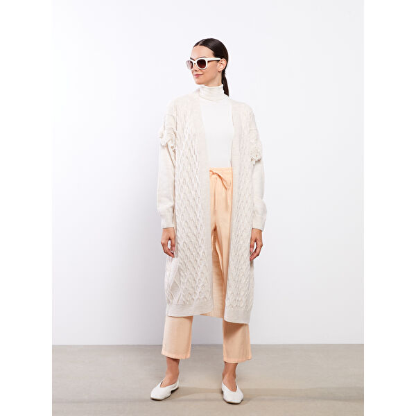 Şal Yaka Kendinden Desenli Uzun Kollu Oversize Kadın Triko Hırka