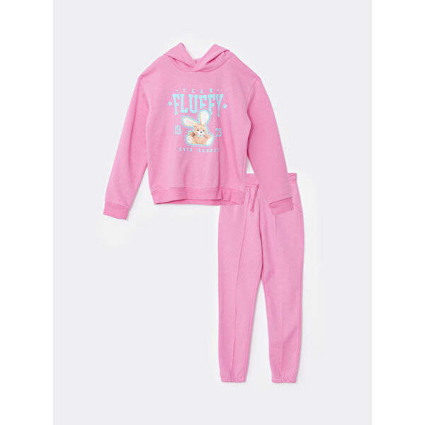 Kapüşonlu Baskılı Uzun Kollu Kız Çocuk Sweatshirt ve Eşofman Altı