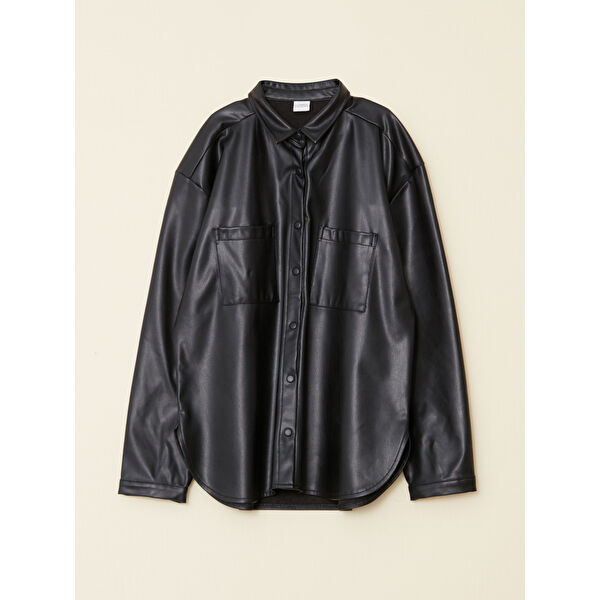 Basic Uzun Kollu Deri Görünümlü Kız Çocuk Gömlek