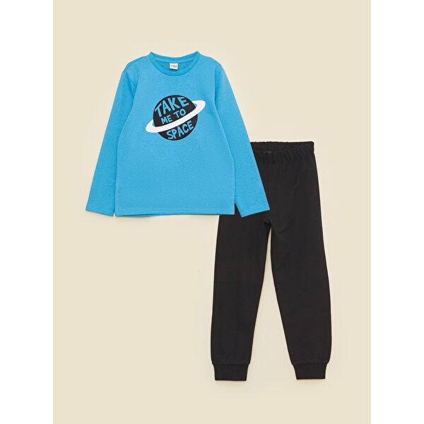 Bisiklet Yaka Baskılı Uzun Kollu Erkek Çocuk Pijama Takımı
