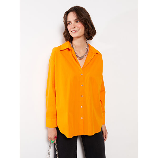 Önden Düğme Kapamalı Düz Uzun Kollu Pamuklu Kadın Gömlek