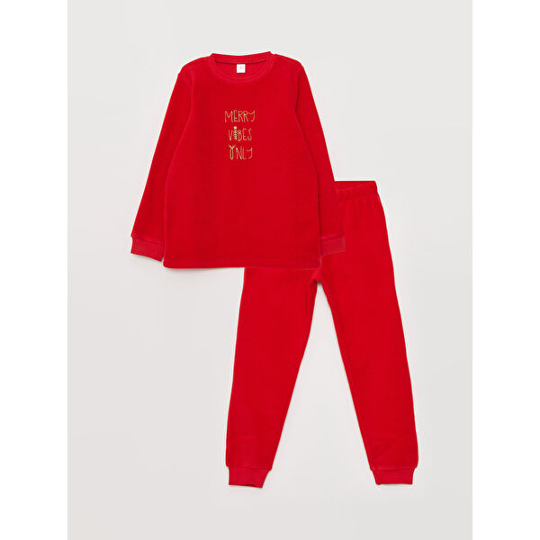Bisiklet Yaka Yılbaşı Temalı Uzun Kollu Kadife Kız Çocuk Pijama Takımı