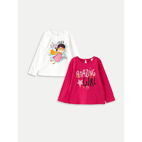 Bisiklet Yaka Kısa Kollu Baskılı Pamuklu Kız Bebek Tişört 2'li