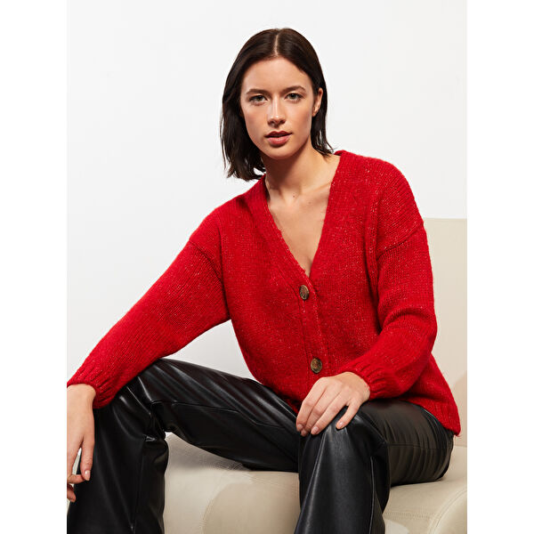 V Yaka Düz Uzun Kollu Kadın Triko Hırka